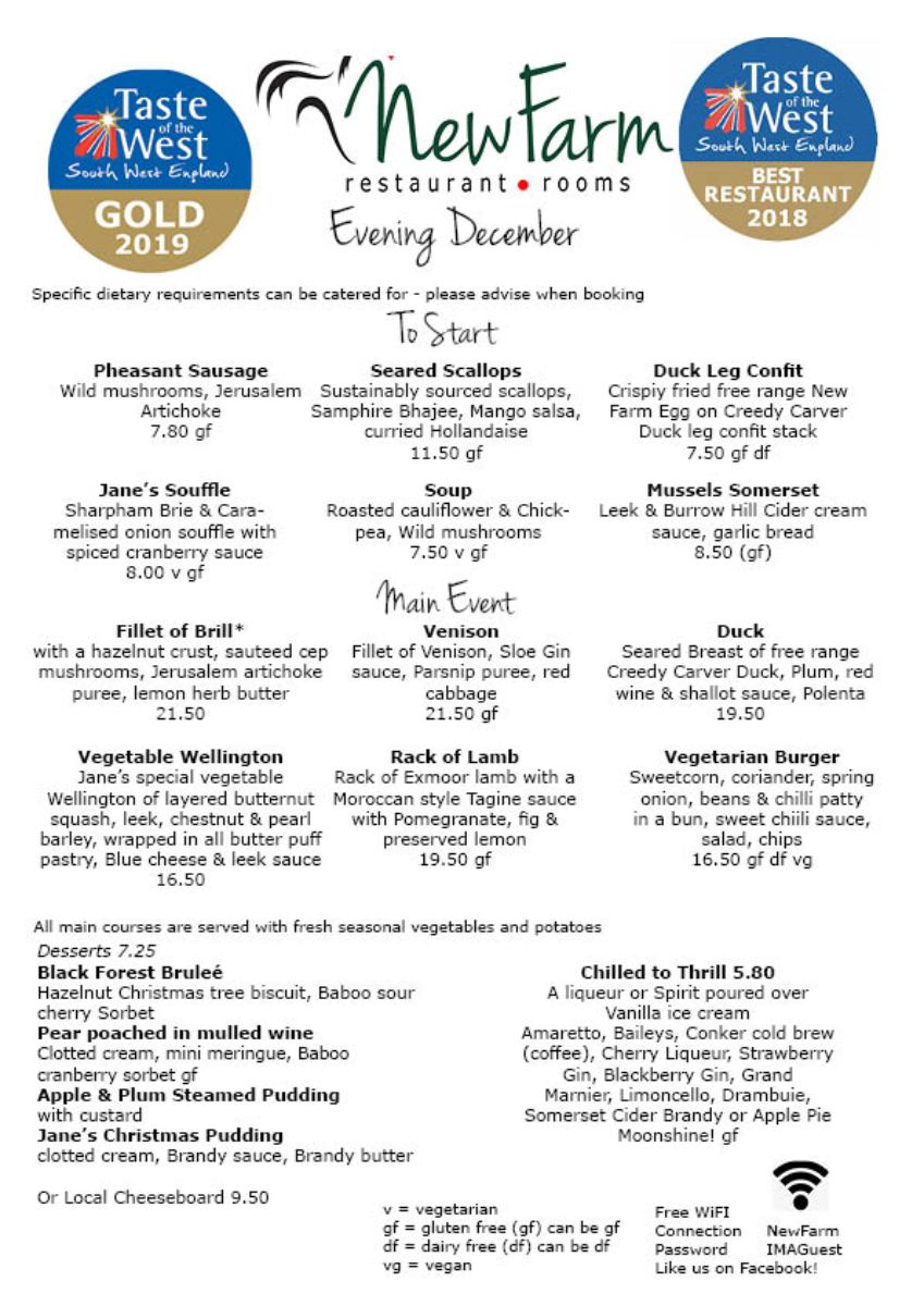 New Farm Restaurant - Menu - Over Stratton, South Petherton, Somerset